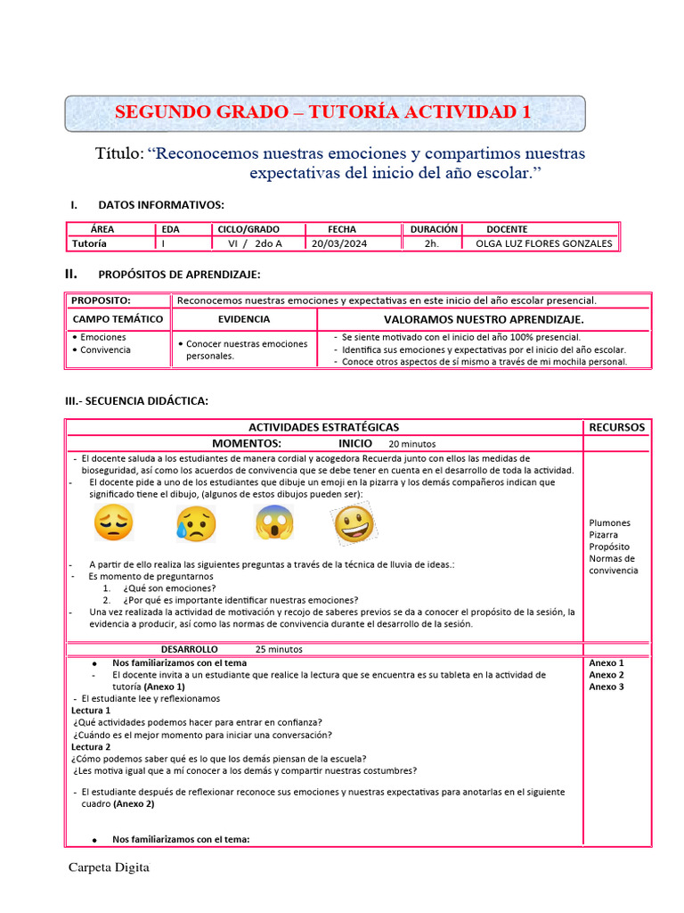 Act. N°1-Tutoria 2do | PDF | Las emociones