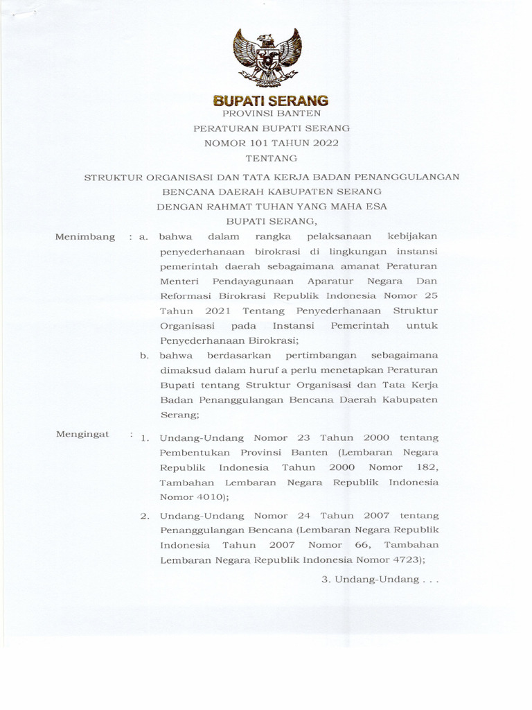 Perbup Sotk Badan Penanggulangan Bencana Daerah | PDF