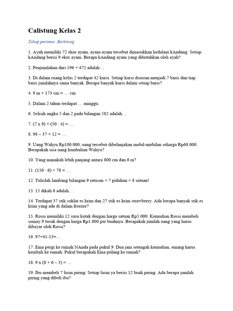 Calistung Kelas 2 | PDF