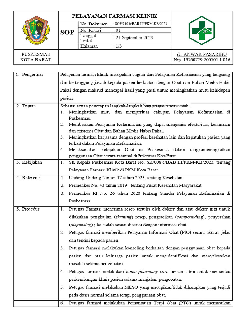 SOP Pelayanan Farmasi Klinik (Fix) | PDF | Pengembangan Diri
