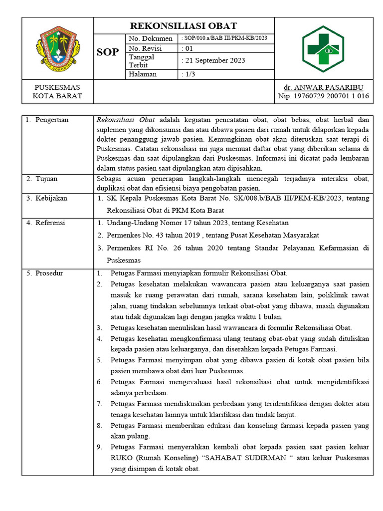 SOP Rekonsiliasi Obat (Fix) | PDF