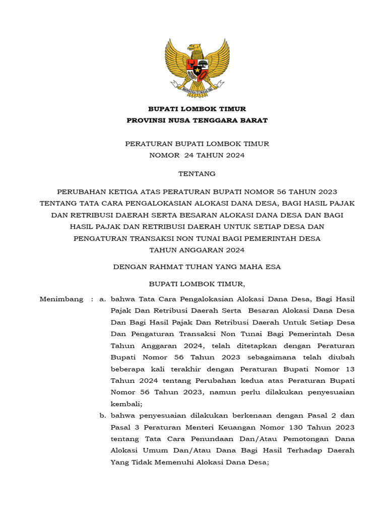 Perbup. No. 24 Tahun 2024 TTG Perubahan Ketiga Perbup. No. 56 Tahun 2023 TTG ADD & BHPRD | PDF ...