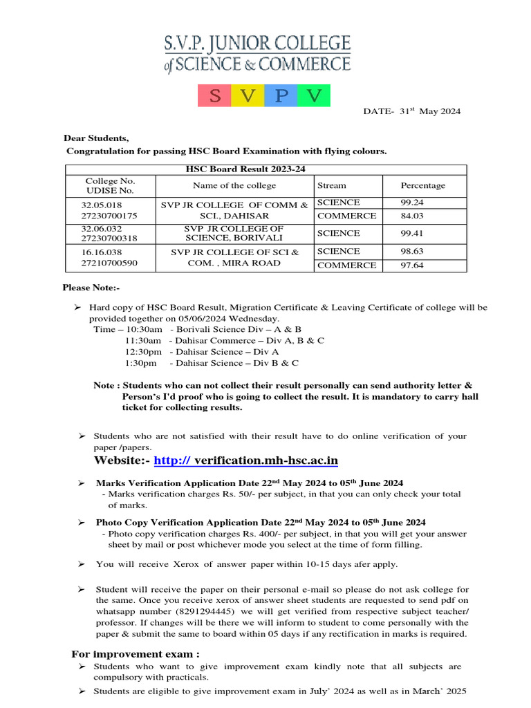 HSC Result 2024 Letter Dahisar | PDF | Vocational Education | Educational Stages