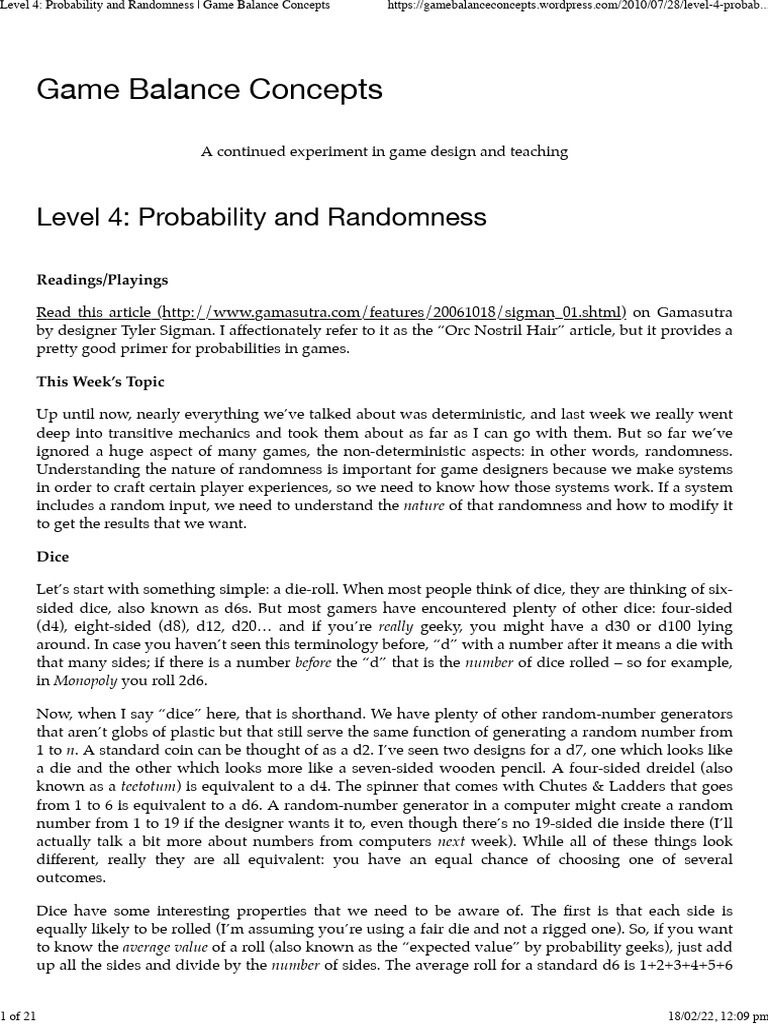 Level 4 Probability and Randomness - Game Balance Concepts | PDF | Odds ...