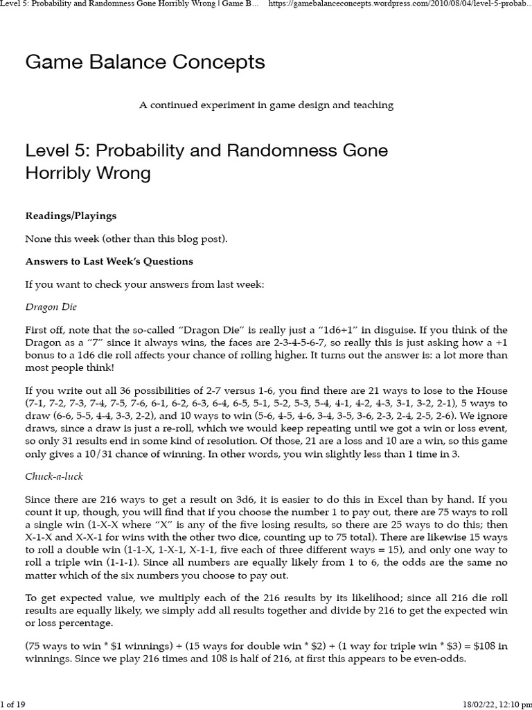 Level 5 Probability and Randomness Gone Horribly Wrong - Game Balance Concepts | PDF | Poker ...