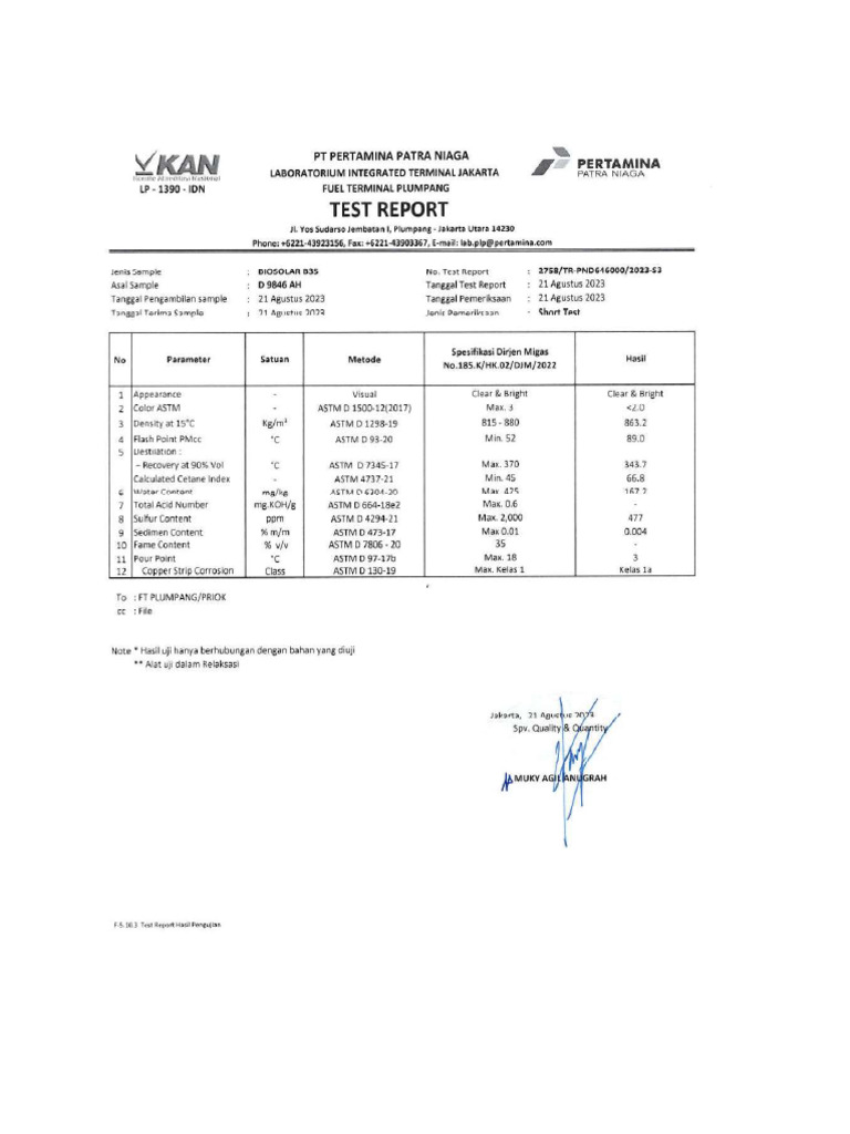 Test Report 2758 Biosolar B35 D 9846 AH 21.08.2023 | PDF