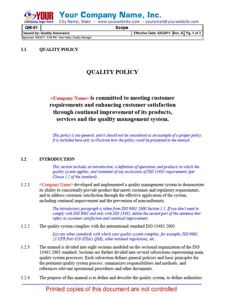 ISO 13485 Quality Manual QM-01 Scope | PDF | Quality Management System | Quality (Business)
