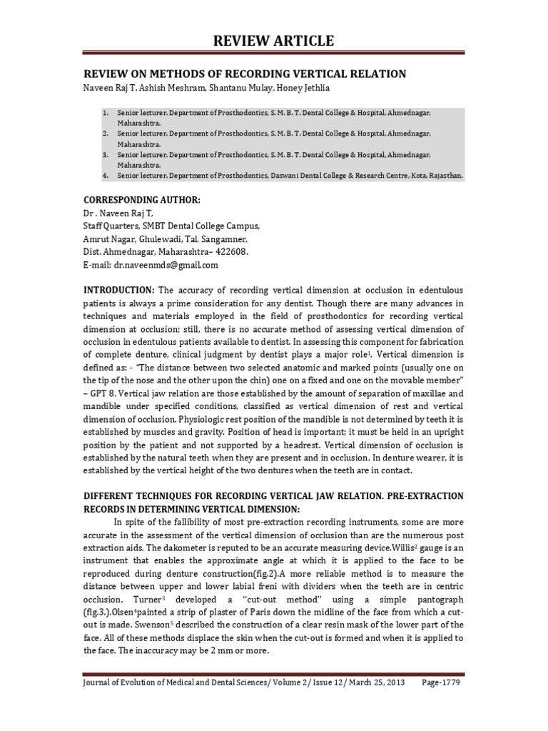 Review On Methods of Recording Vertical Relation | PDF | Dentures ...