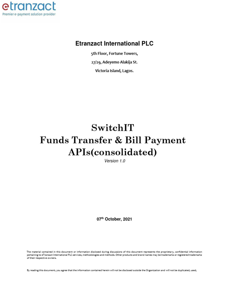 SwitchIT 4.0 FT and Bill Payment Consolidated API Documentation | PDF | Personal Identification ...