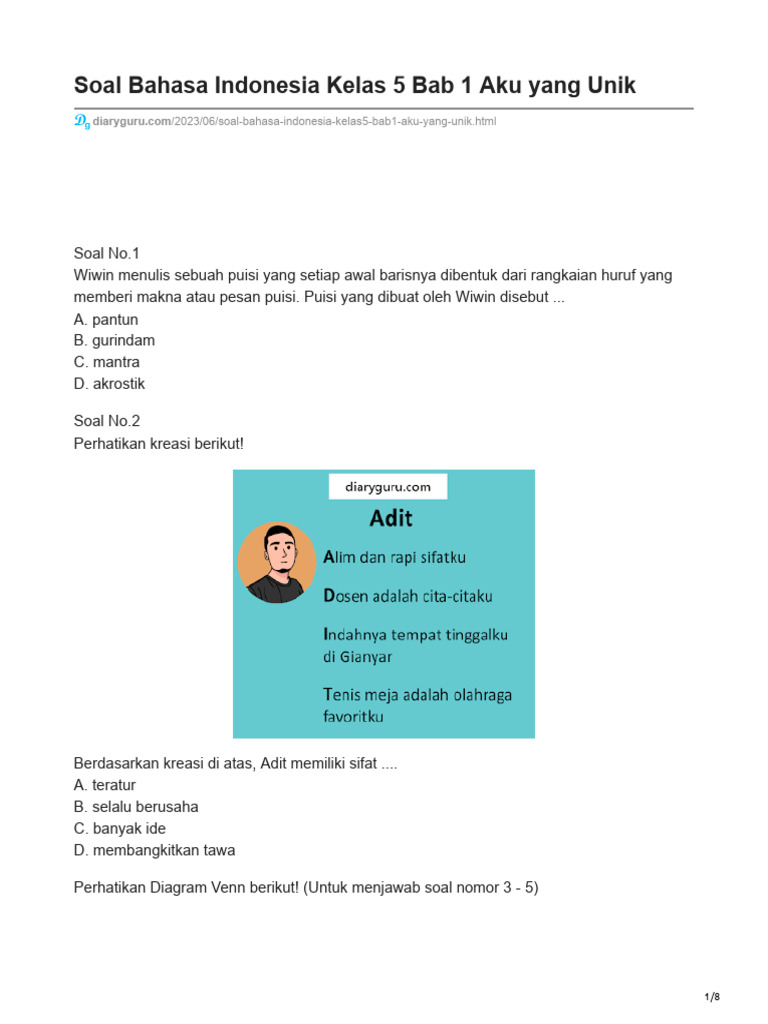 Soal Bahasa Indonesia Kelas 5 Bab 1 Aku Yang Unik Pdf