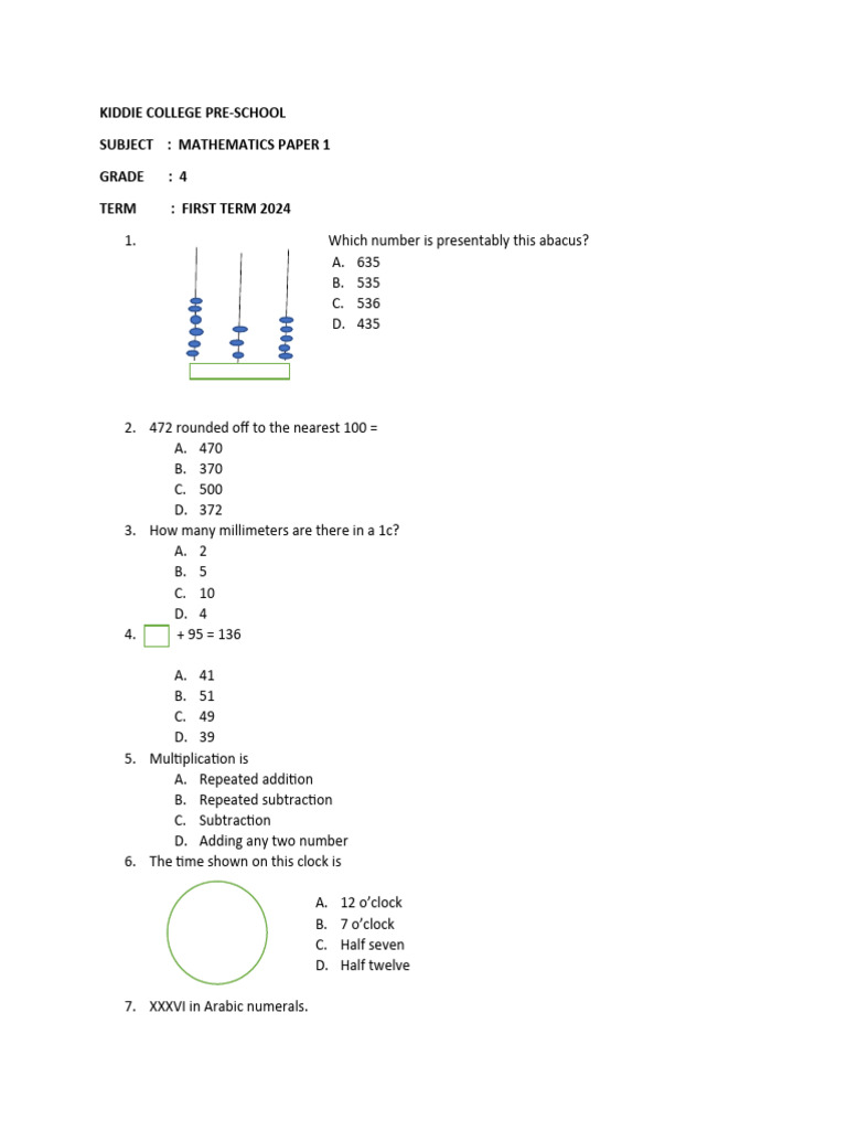 Grade 4 Mathematics Paper 1 | PDF | Mathematics | Arithmetic