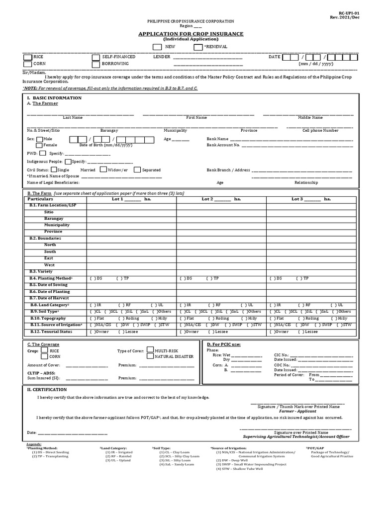 RC UPI 01 Application for Crop Insurance 1 | PDF | Insurance | Agriculture
