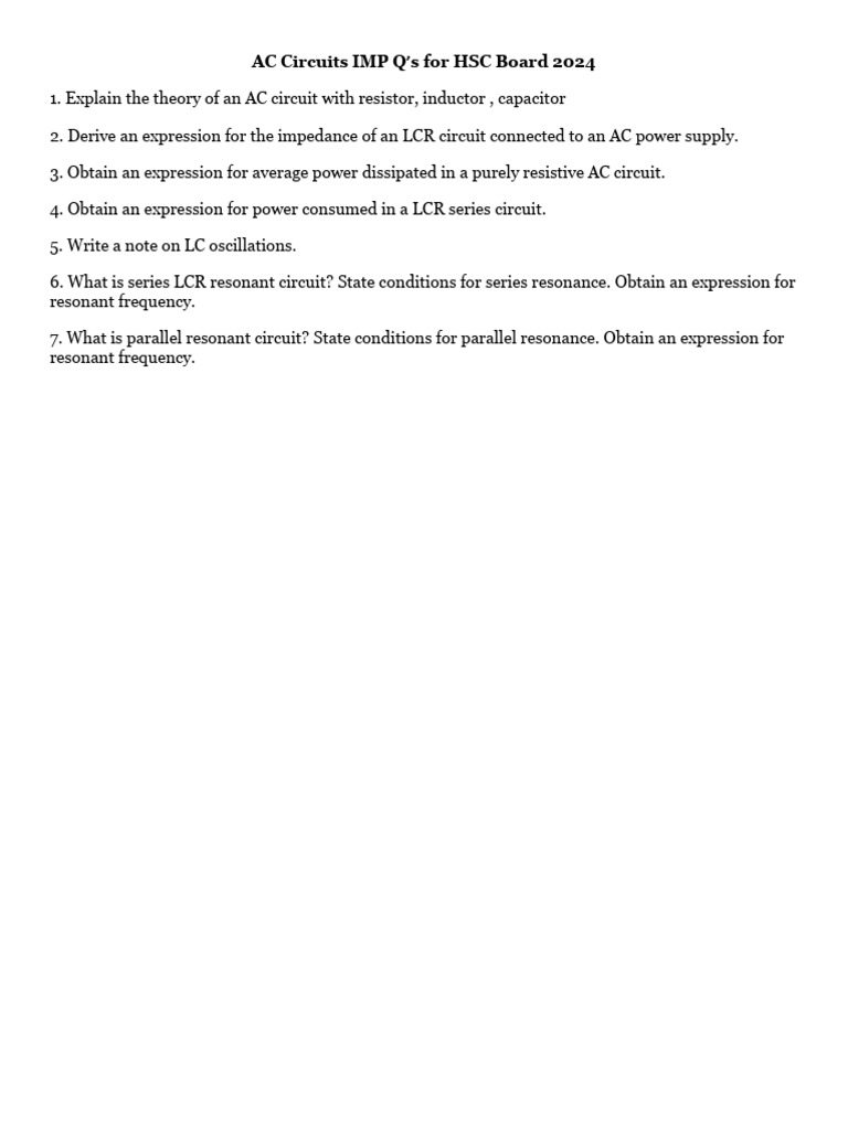 AC Circuits Questions for HSC 2024 | PDF | Teaching Methods & Materials ...