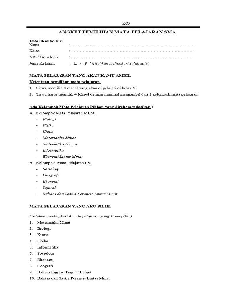 Angket Pemilihan Mata Pelajaran Sma | PDF