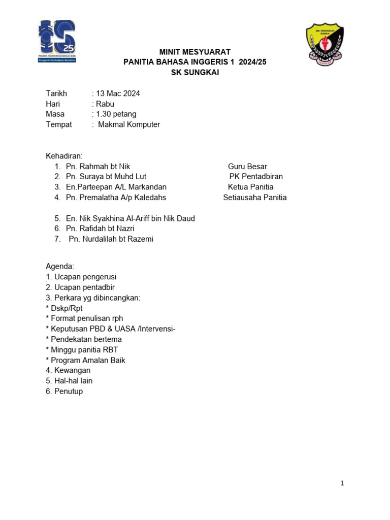 MINIT MESYUARAT BI Kali 1 | PDF
