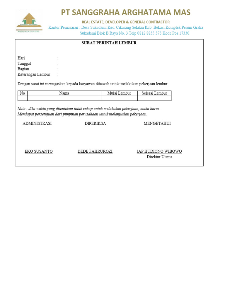 Form Lembur Karyawan PT Sam | PDF