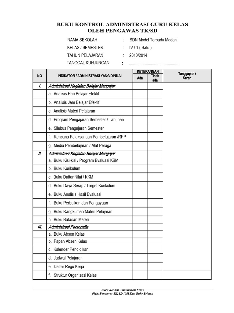 Buku Kontrol Adm Guru Kelas Pdf