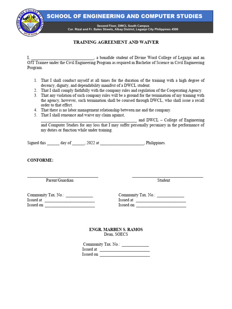 Training Agreement and Waiver School | PDF | Business