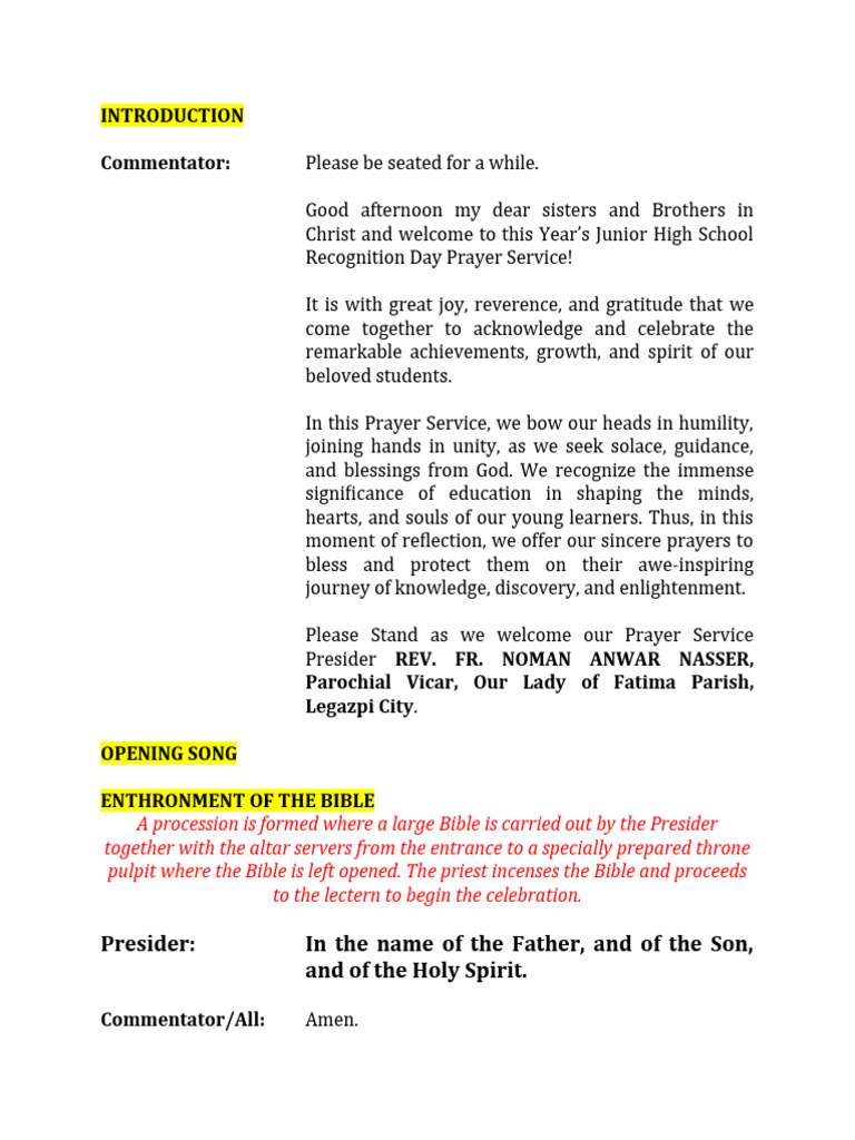 FINAL Junior High School Recognition Day Liturgy-2024 | PDF | Prayer ...