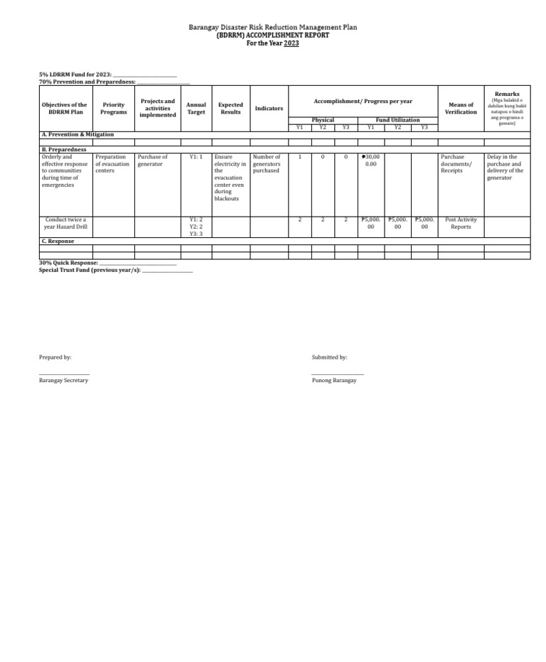 BDRRM Accomplishment Report | PDF | Emergency Management | Occupational ...