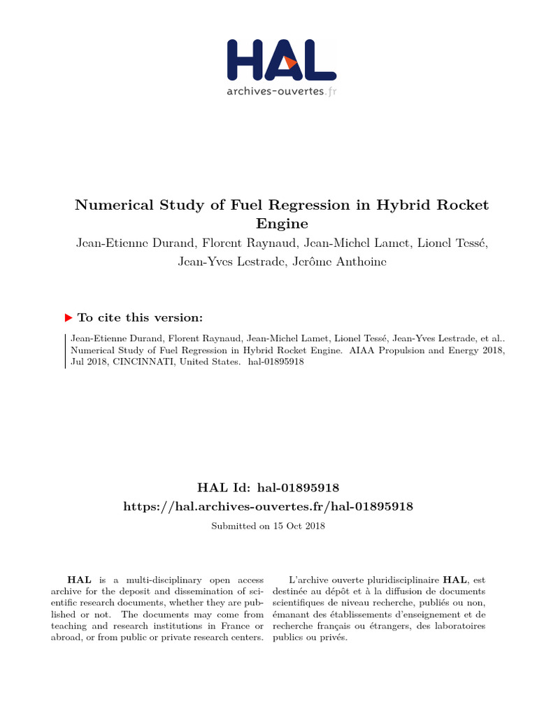 ONERA - 2018 - Numerical Study of Fuel Regression in Hybrid Rocket | PDF | Combustion | Rocket ...
