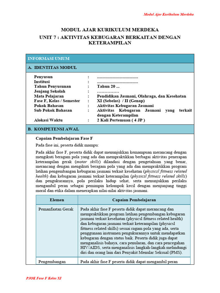 Modul Ajar Unit 7 Aktivitas Kebugaran | PDF