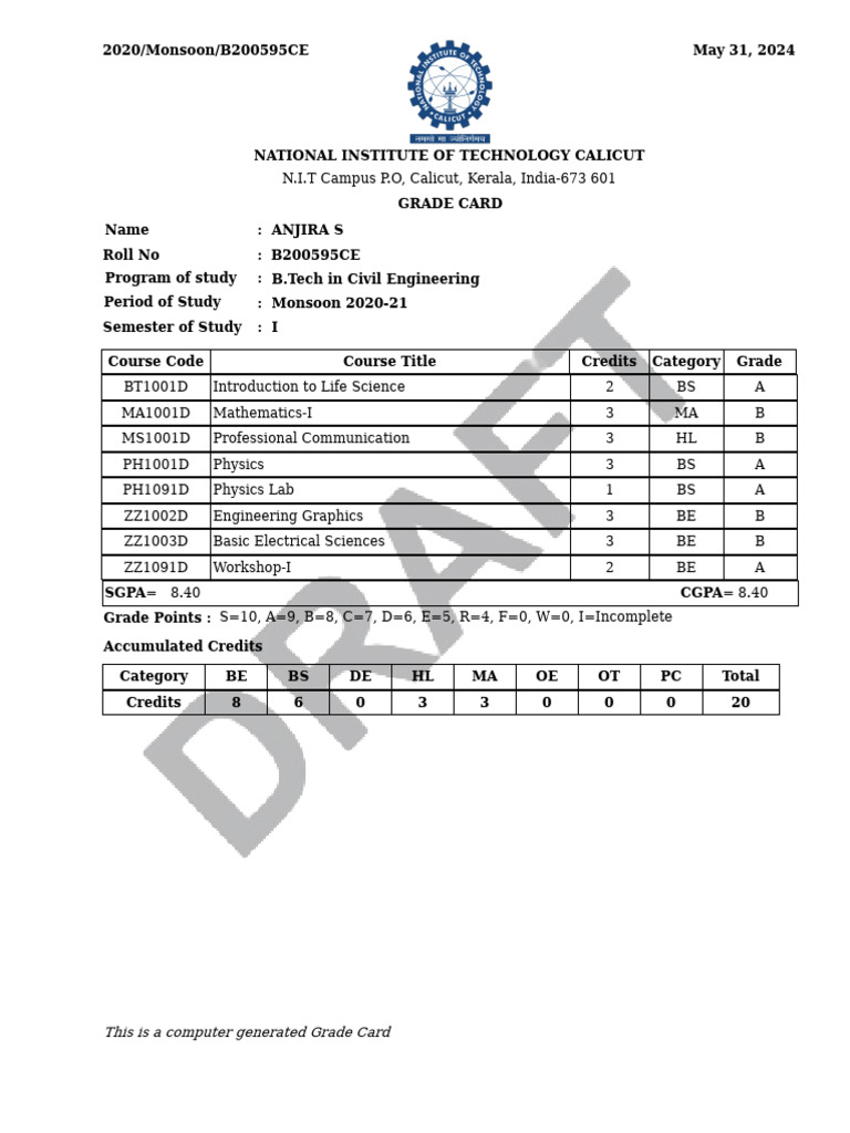 StudDRAFT UG B.TechGradeCard | PDF | Bachelor Of Science | Engineering