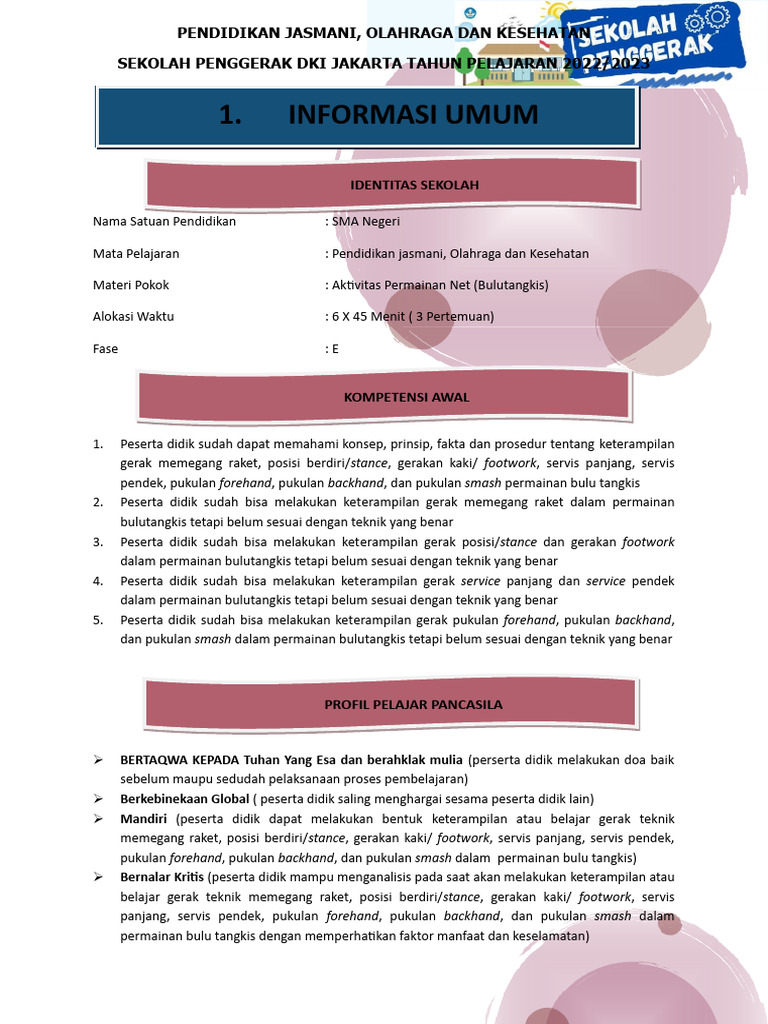 4.2. Modul Ajar Bulutangkis KLS X SMT 1 | PDF