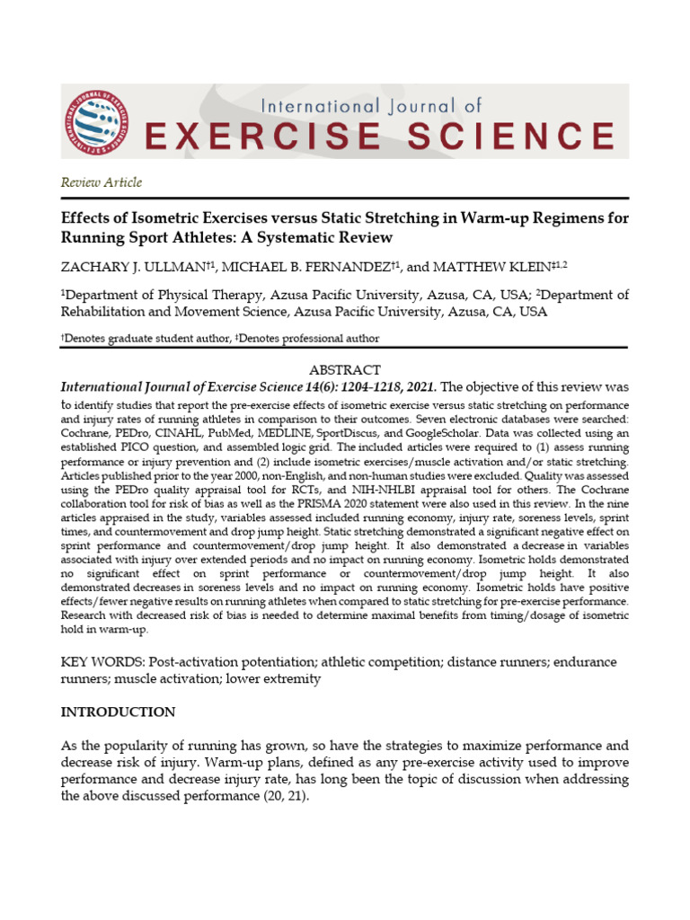 Effects of Isometric Exercises Versus Static Stretching in Warm-Up Regimens For Running Sport ...