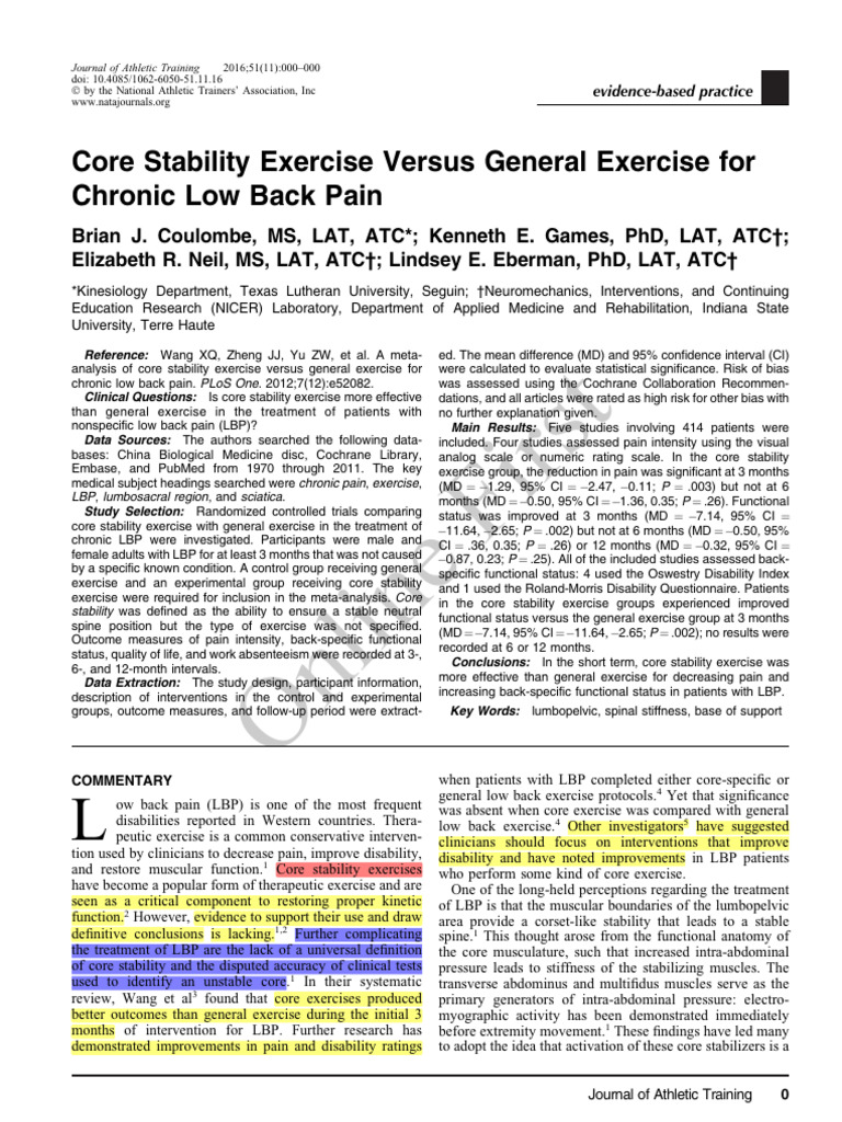Core Stability Exercise Versus General Exercise For Chronic Low Back ...