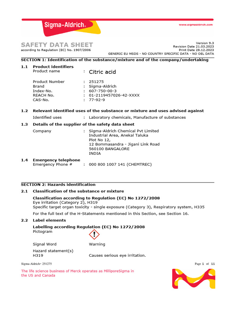 Citric Acid | PDF | Dangerous Goods | Occupational Safety And Health