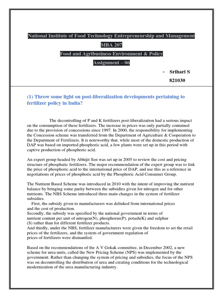 Post-Liberalization Fertilizer Policy in India | PDF | Fertilizer ...