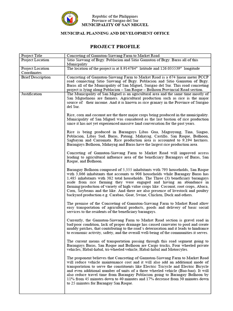 San Miguel Project Brief - FMR | PDF | Road | Agriculture