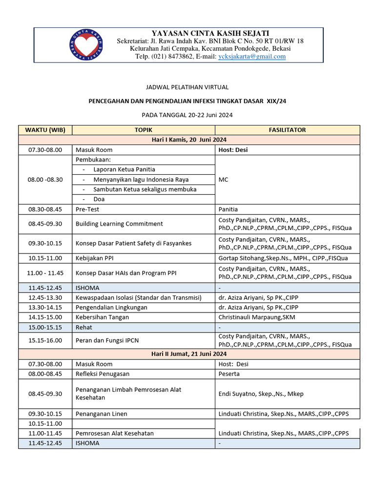 Jadwal Pelatihan PPI Dasar YCKS JUNI 2024-2 | PDF