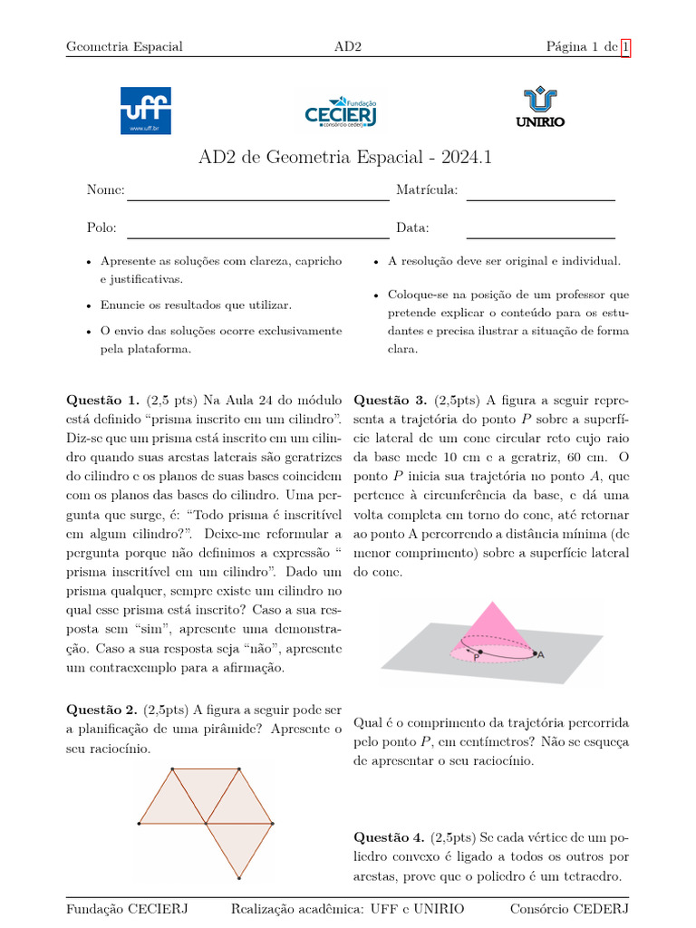 Ad2 Geometria Espacial 2024 1 | PDF | Geometria Euclidiana | Formas geométricas