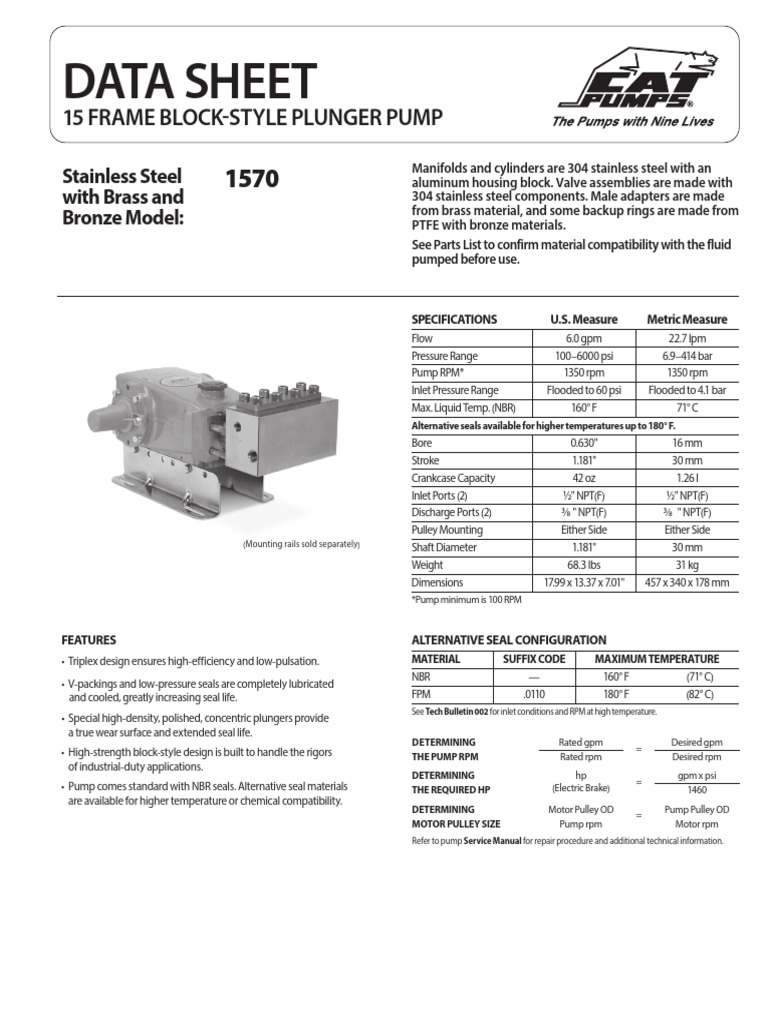 Data Sheet: 15 Frame Block-Style Plunger Pump | PDF | Pump | Valve