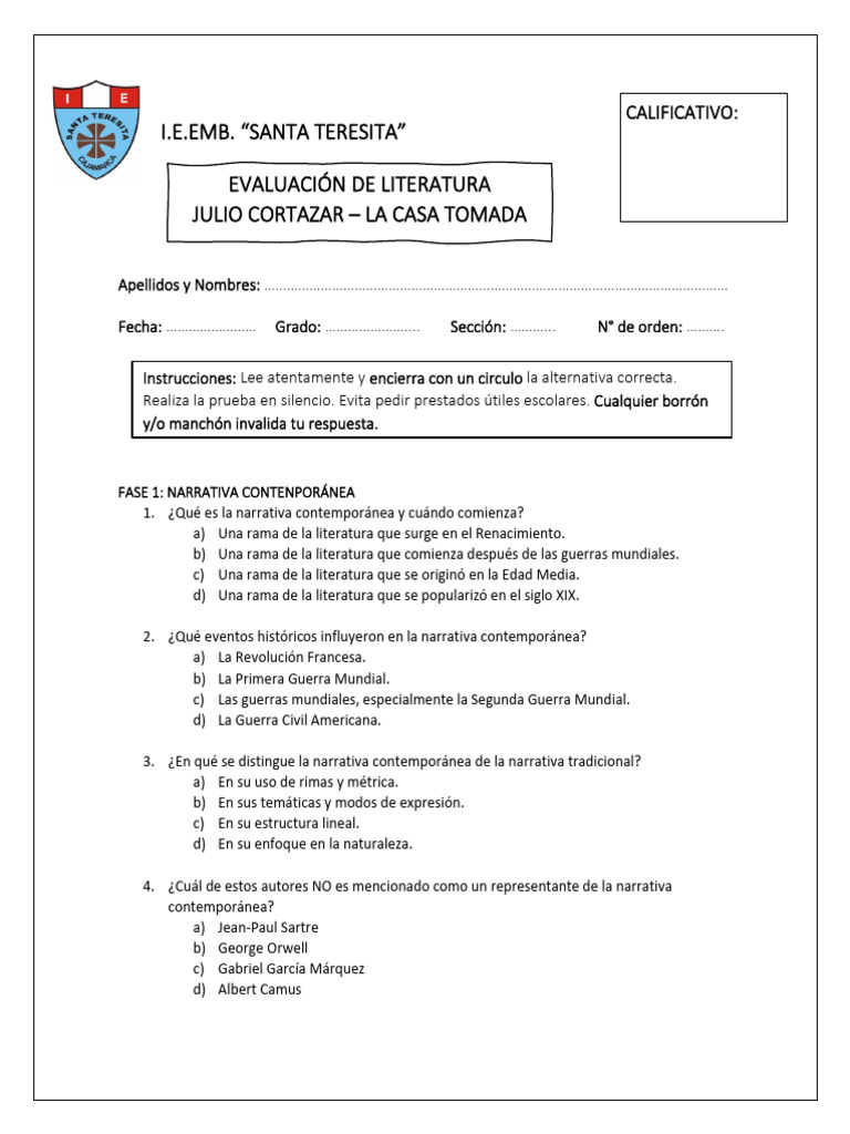EVALUACIÓN DE LITERATURA JULIO CORTAZAR – LA CASA TOMADA | PDF