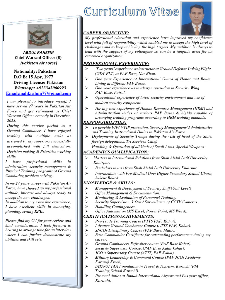 Abdul Rahim CV New PDF - 240301 - 183530 | PDF | National Security | Military