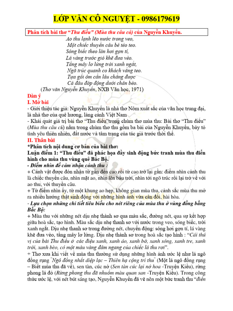 Dàn ý phân tích Thu Điếu (Nguyễn Khuyến) | PDF