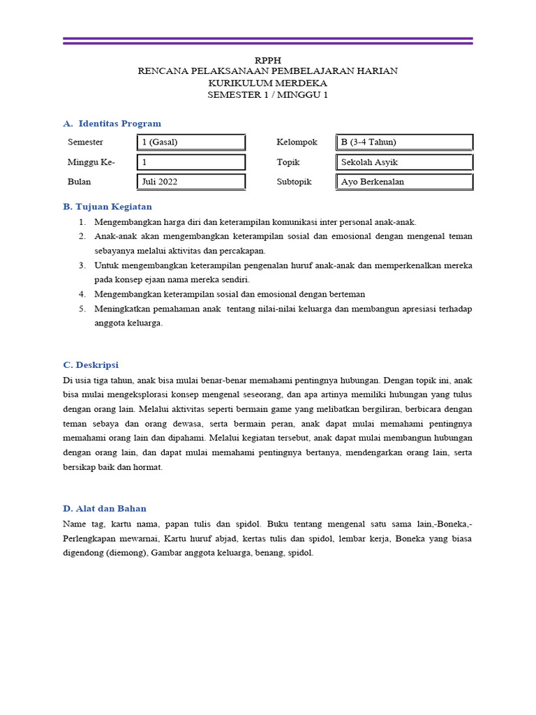 Rpph Kumer Kb Paud Minggu 1 | PDF