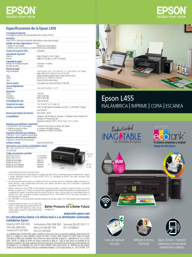 Printer EcoTank L455 Specs Spa | PDF | Color | Escáner de imagen