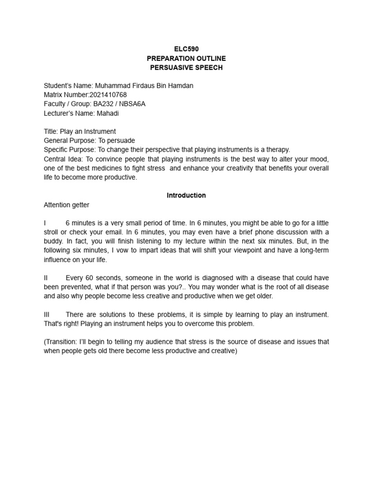 Persuasive Speech Outline | PDF | Anxiety | Stress (Biology)