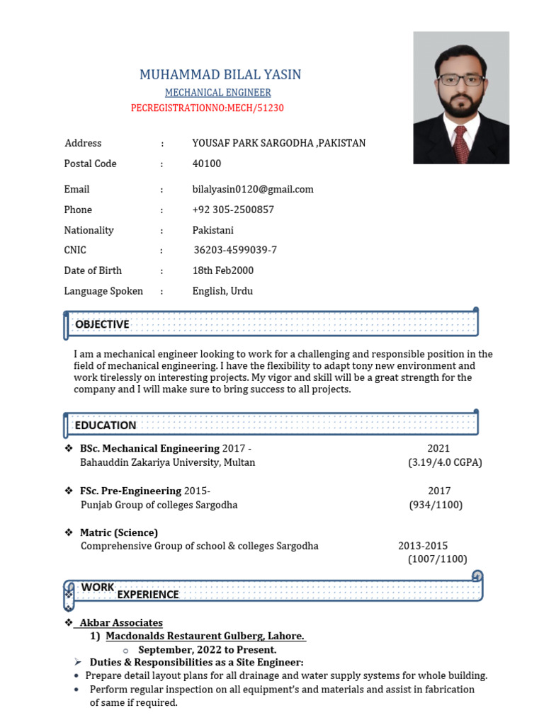 Muhammad Bilal Yasin (CV) | PDF | Plumbing | Duct (Flow)