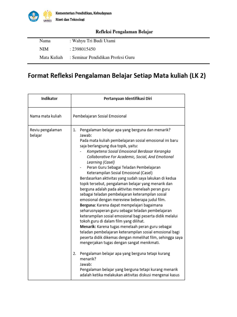 Refleksi Belajar Guru Sosial Emosional | PDF