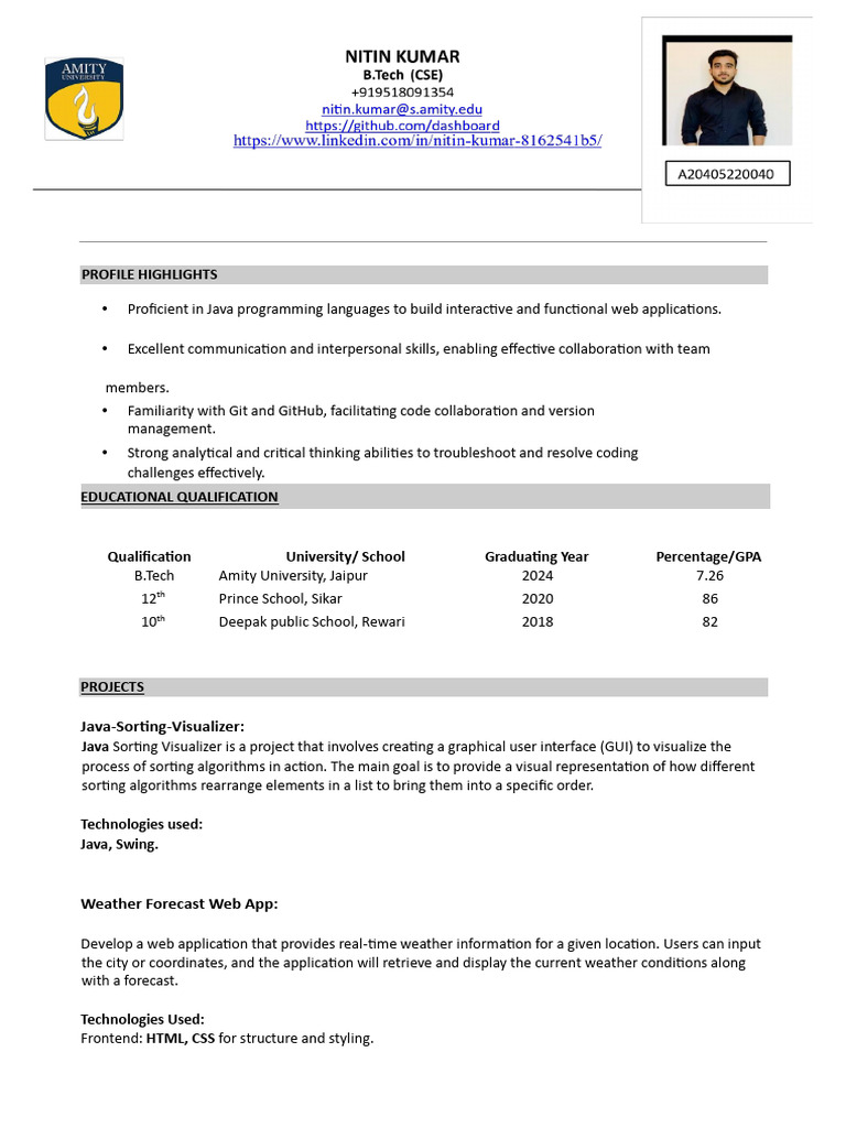 Nitin Kumar B.tech (Cse) 2024 AUR.. | PDF | Java (Programming Language) | World Wide Web