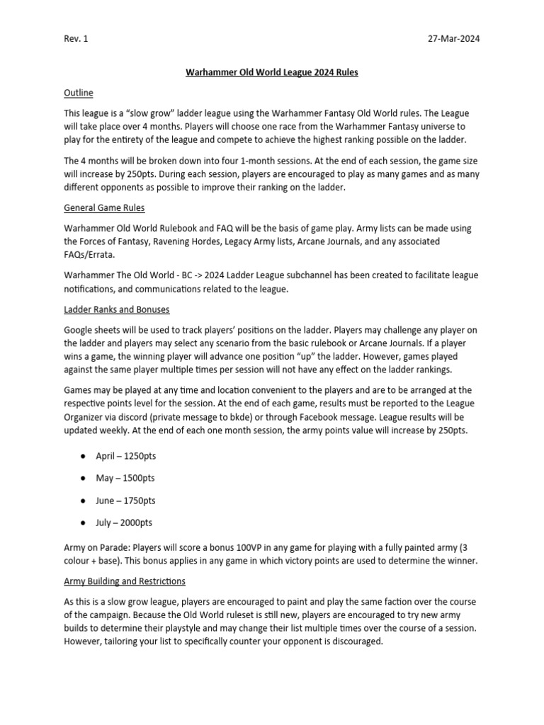 Warhammer Old World League 2024 Rules | PDF | Spear