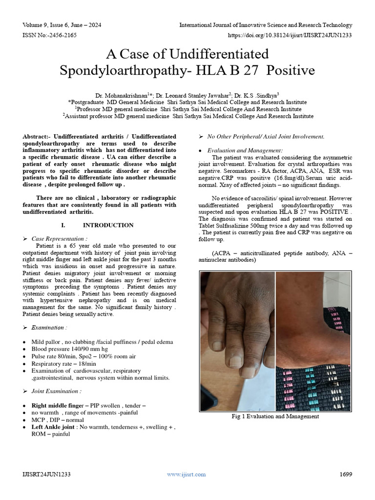 A Case of Undifferentiated Spondyloarthropathy - HLA B 27 Positive ...