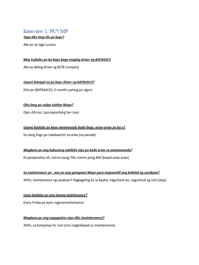 Vince Group Filipino Interview Transcriptions | PDF