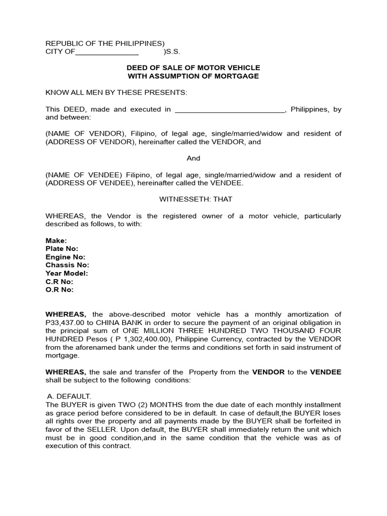 Deef of Sale of Motor Vehicle With Assumption of Mortage (A) | PDF ... Deef of Sale of Motor Vehicle With Assumption of Mortage (A) | PDF ...