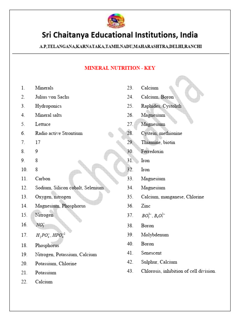 Botany - Mineral Nutrition - Key | PDF